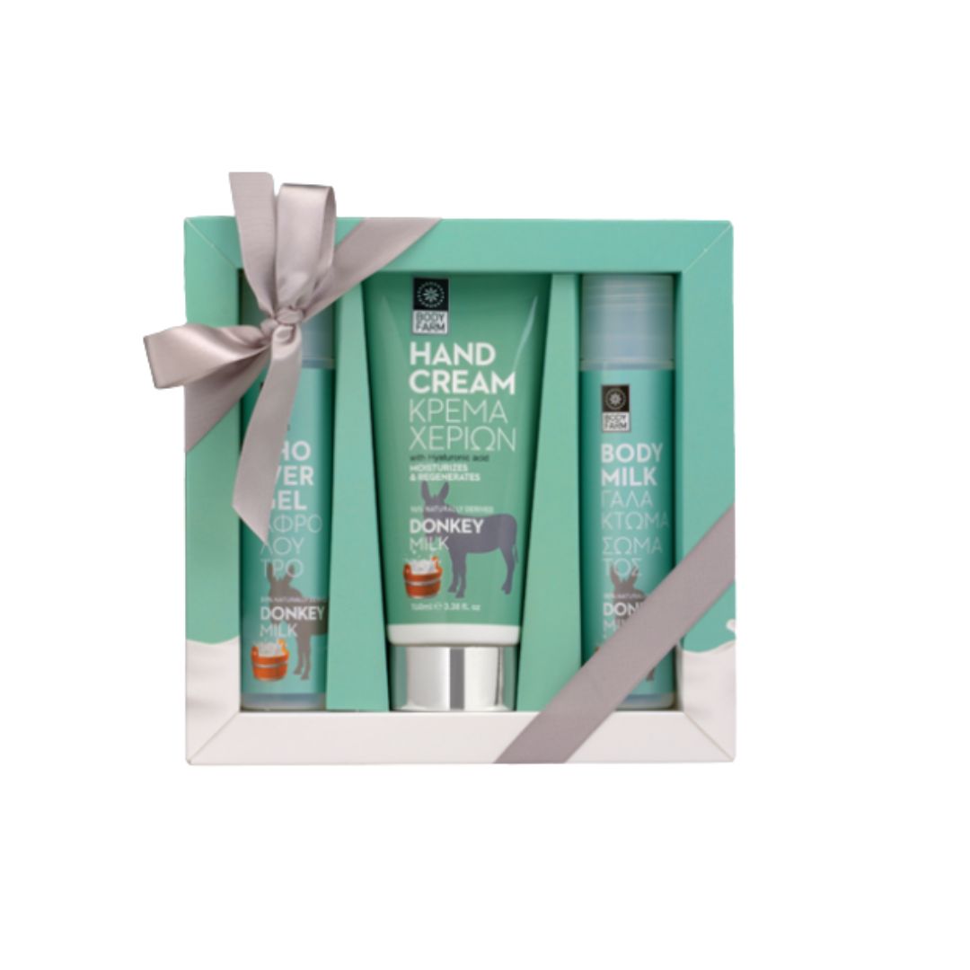 Set cadou mini cu lapte de măgăriță – gel de duș, lapte de corp, cremă ...